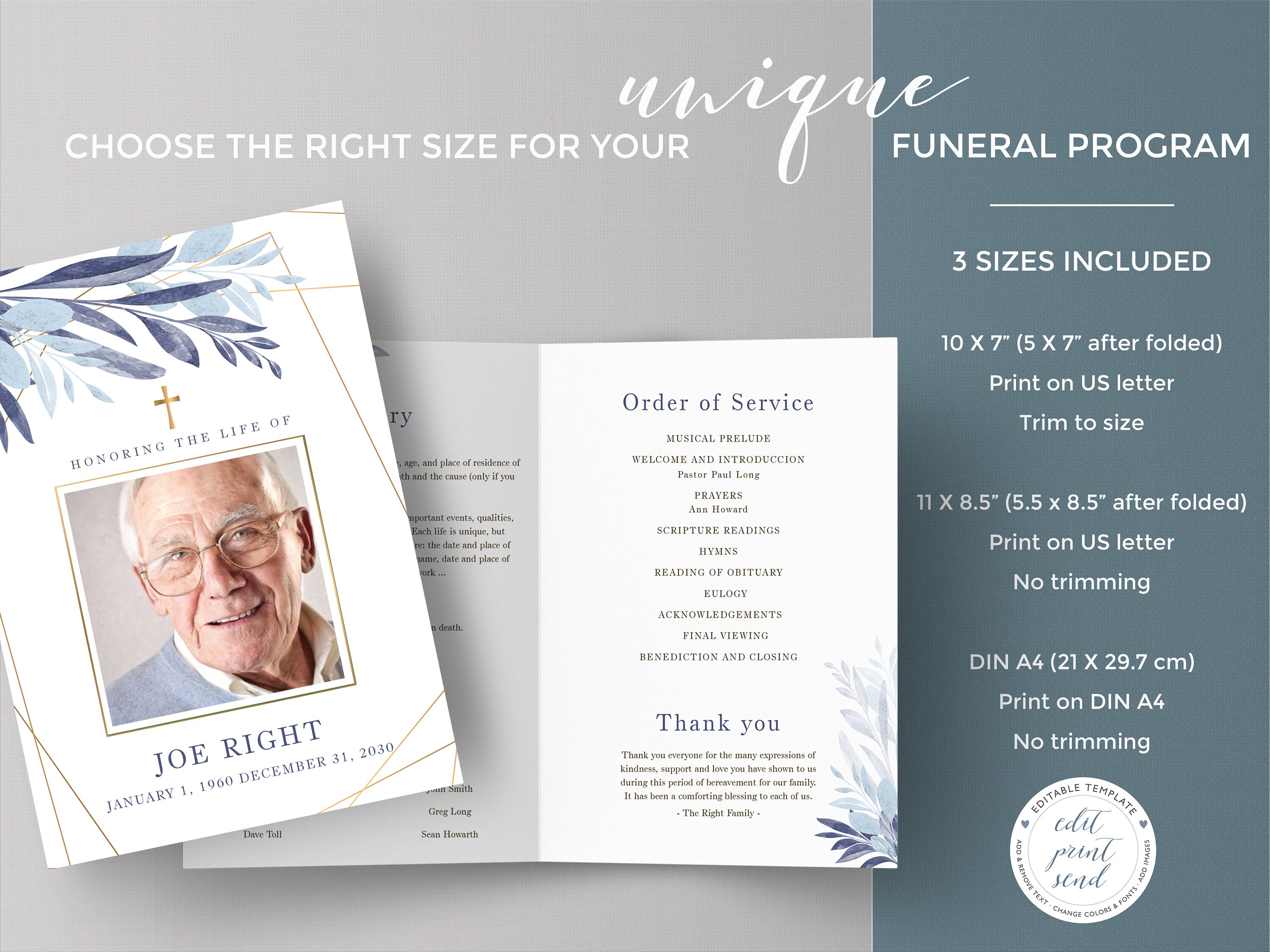 Funeral Program Template for Man, Blue and Gold Memorial Program ...