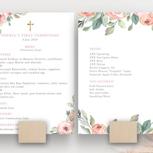 Menu Card Template for First Communion With Pink Flowers, Editable ...
