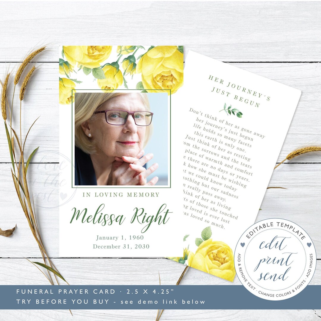 Yellow Roses Funeral Prayer Card Memorial Card for - Etsy