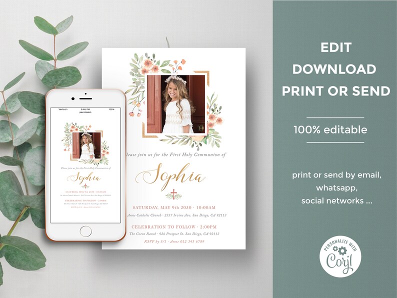 Terracotta First Communion Invitation With Photo, Girl First Holy ...