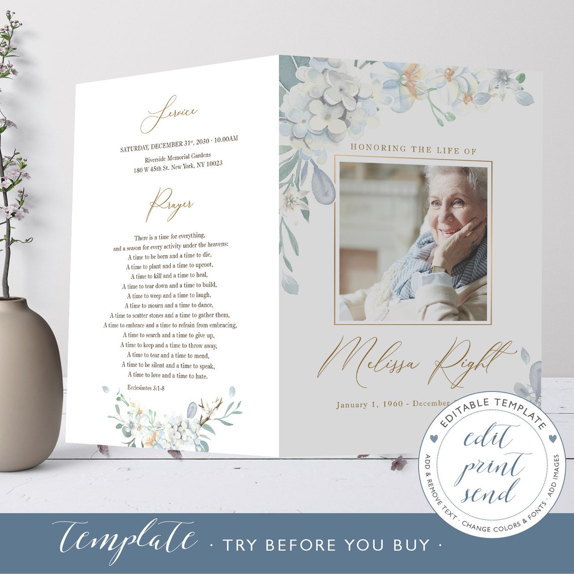Elegant Funeral Program Template Celebration of life floral | Etsy