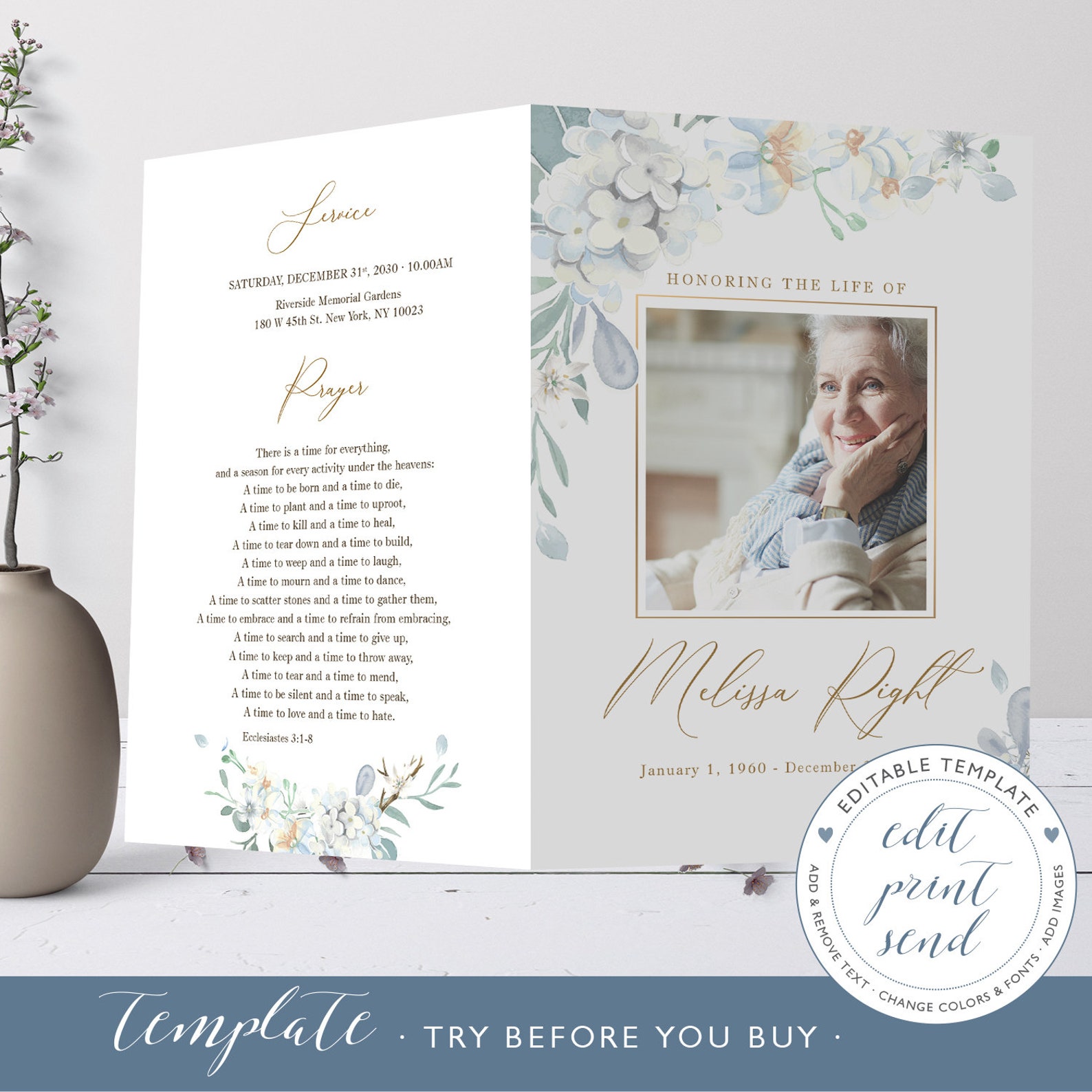 Elegant Funeral Program Template, Celebration of Life Floral Program ...