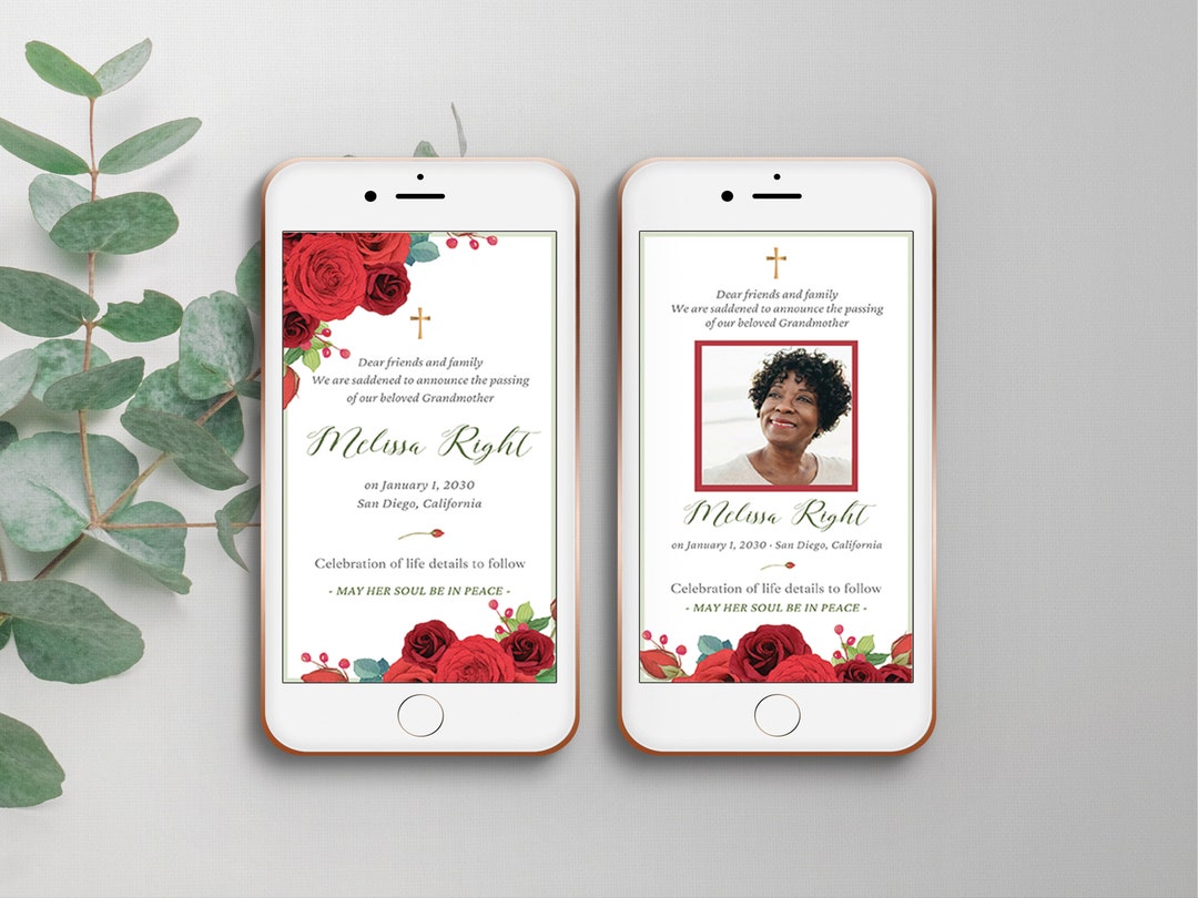 Red Roses Electronic Death Announcement Template for Woman, Smartphone ...