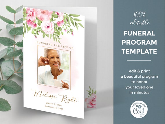 Pink Roses Funeral Program Template Celebration of Life | Etsy