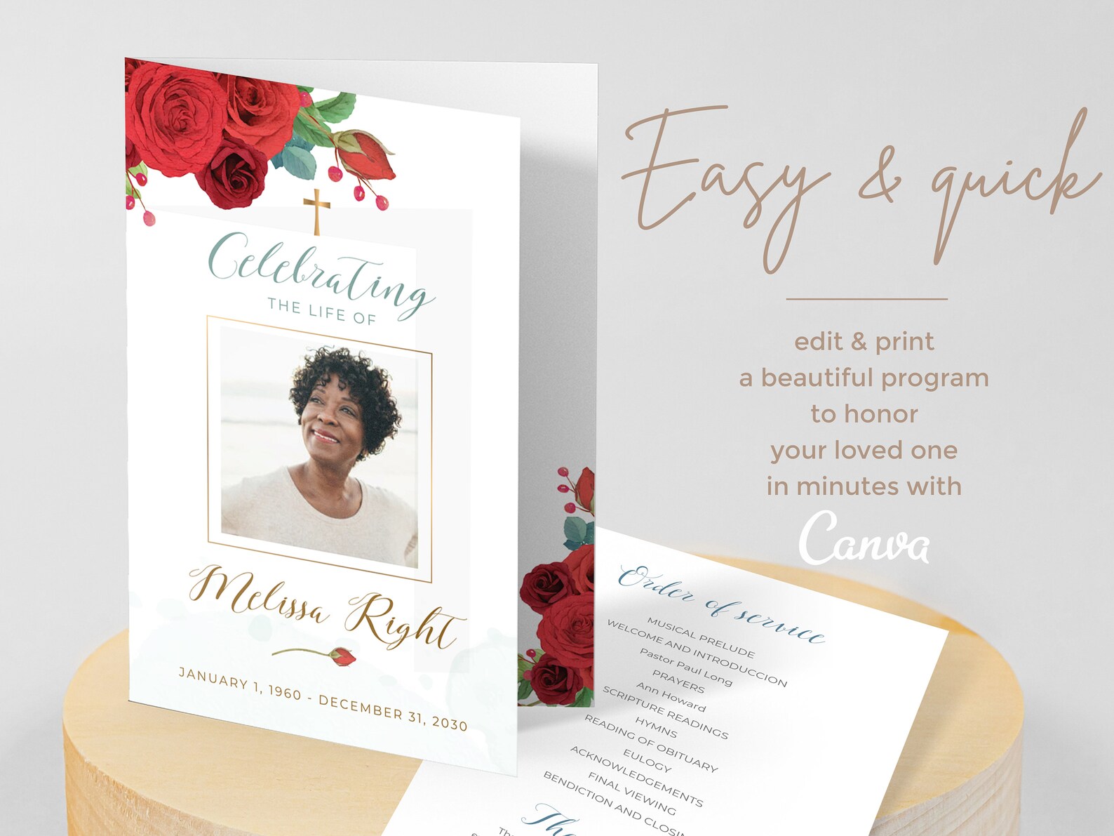 Red Roses Funeral Program Template for Woman Editable Funeral - Etsy