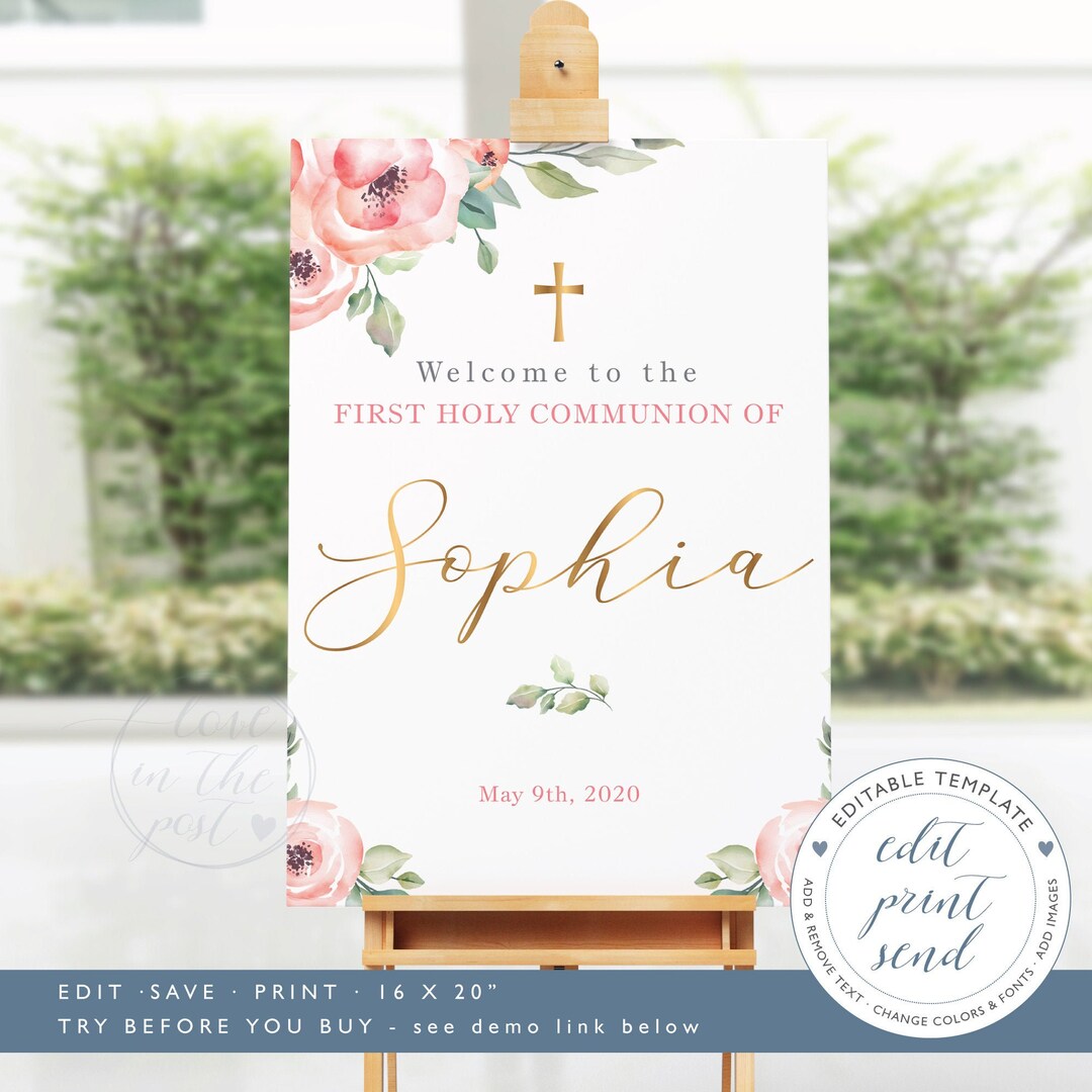 Pink Floral Communion Welcome Sign, First Communion Welcome Poster ...