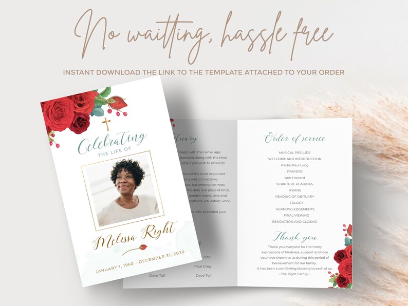 Red Roses Funeral Program Template for Woman Editable Funeral - Etsy