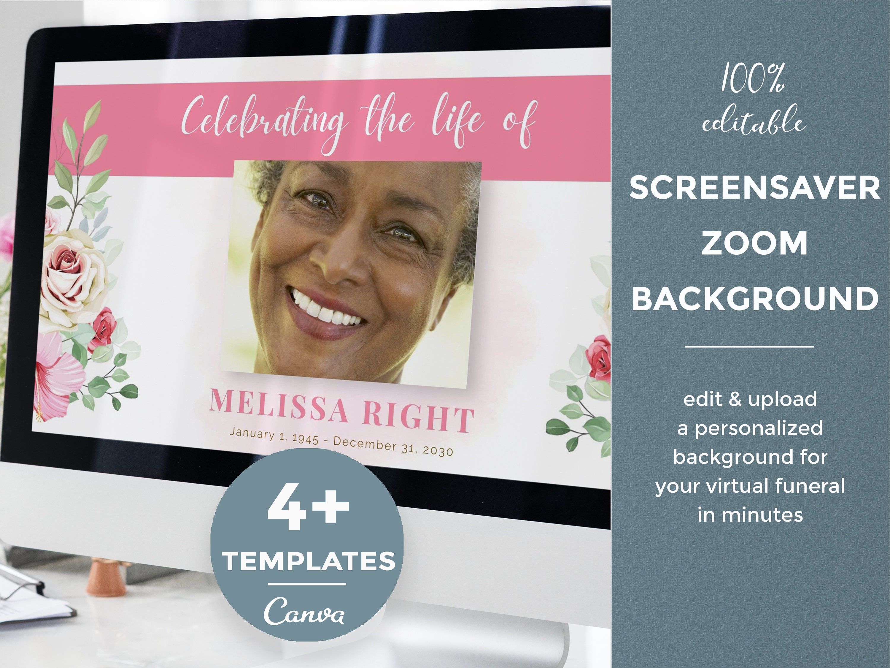 Pink Roses ZOOM Funeral Background Templates, Digital Template for ...