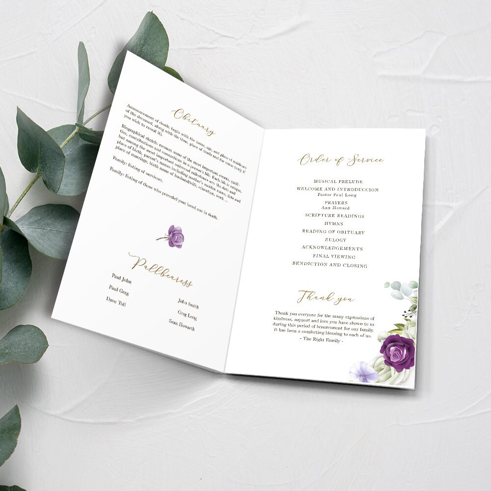 Funeral Program Template Purple Roses Memorial Program - Etsy