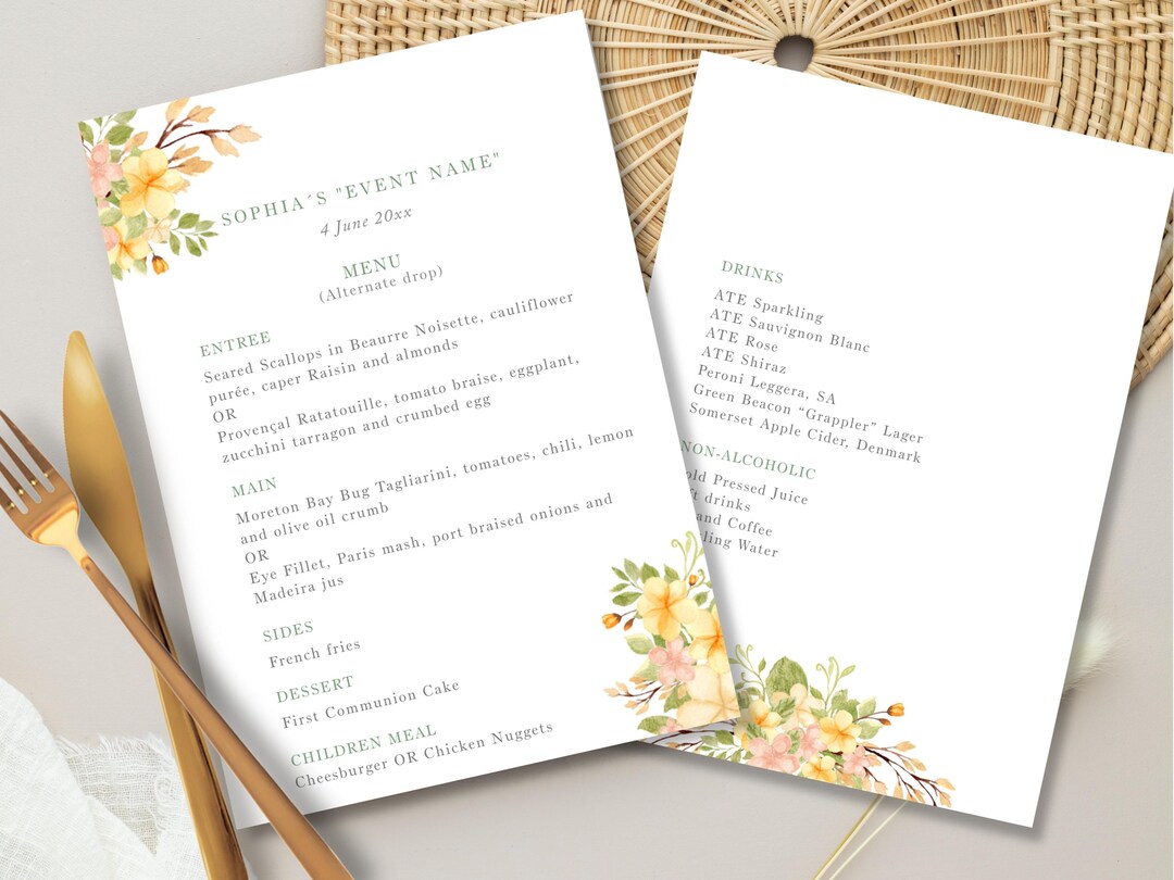 Editable Menu for Girl With Yellow and Pink Flowers, Multi-event, First ...