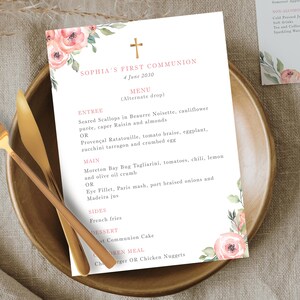Menu Card Template for First Communion With Pink Flowers, Editable ...