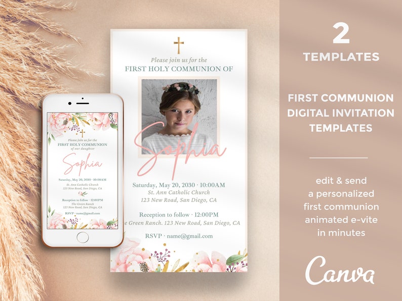 Digital First Communion Invitation Template Comunion Video - Etsy