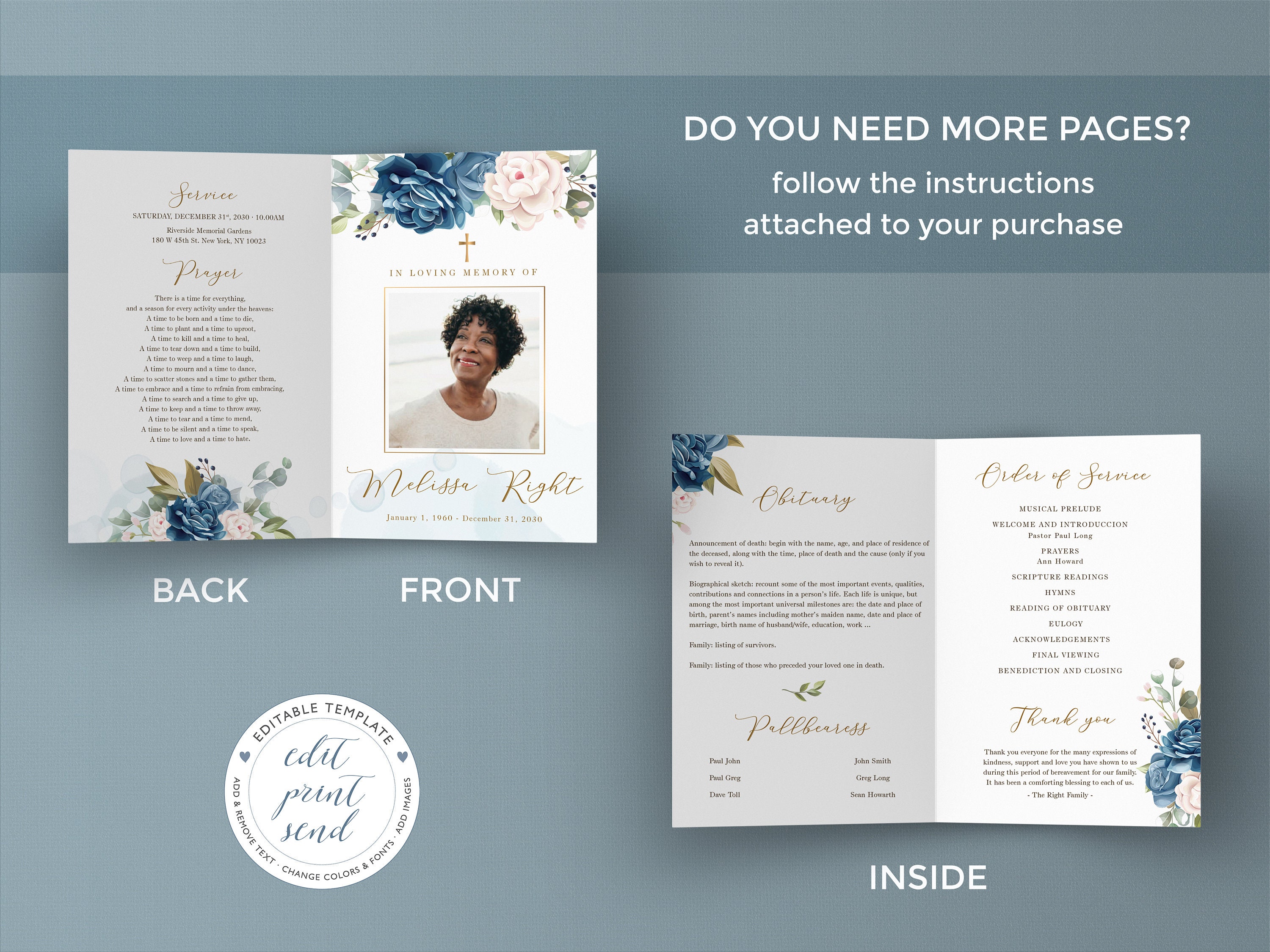 Blue roses funeral template bundle for woman memorial | Etsy