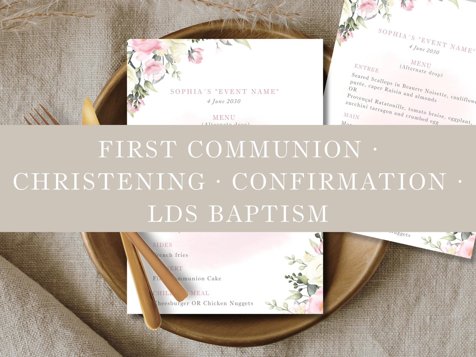 Editable Menu for Girl With Prink Flowers, Multi-event, First Communion ...