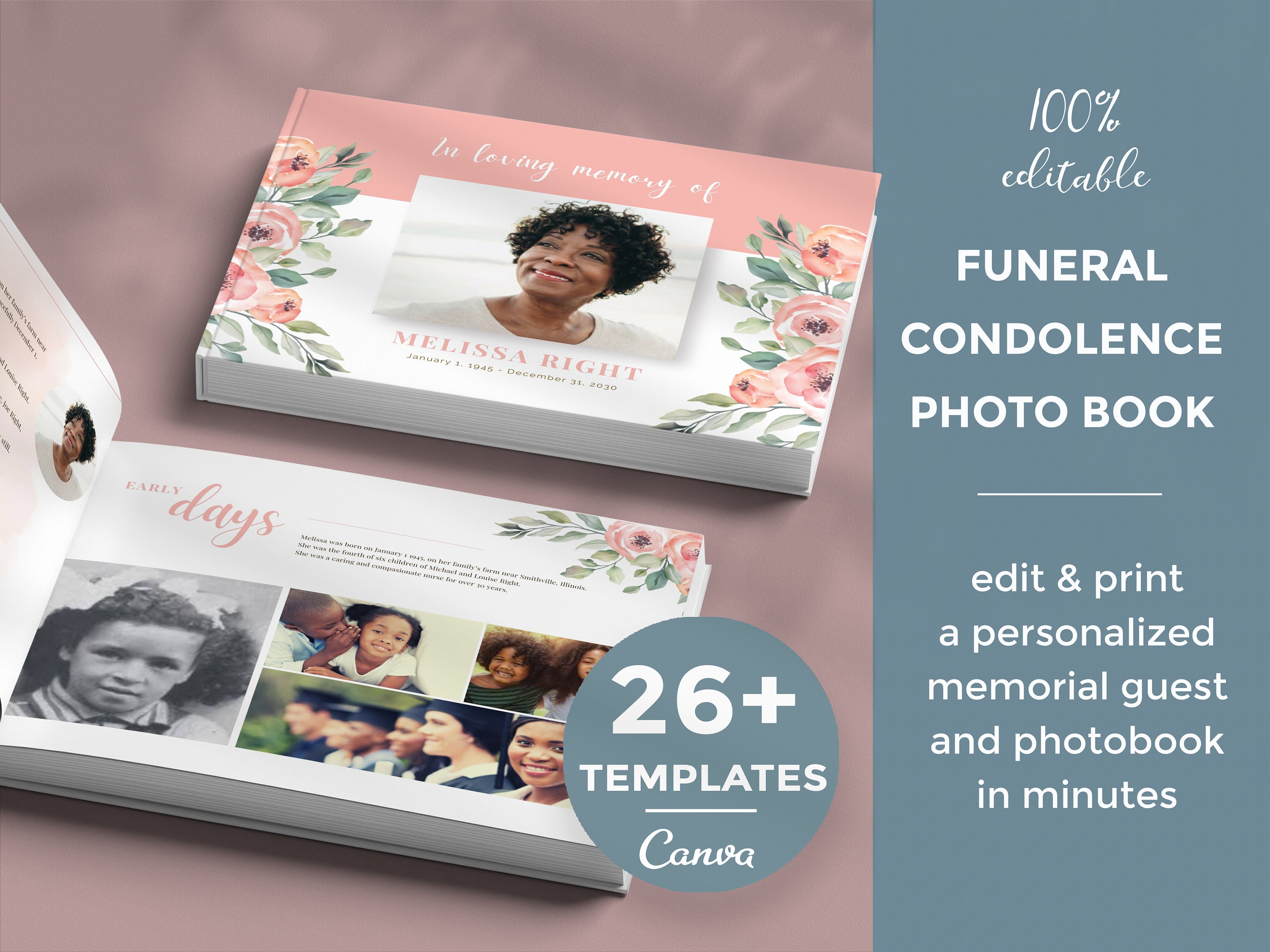 Funeral guest book template personalized condolence photo | Etsy