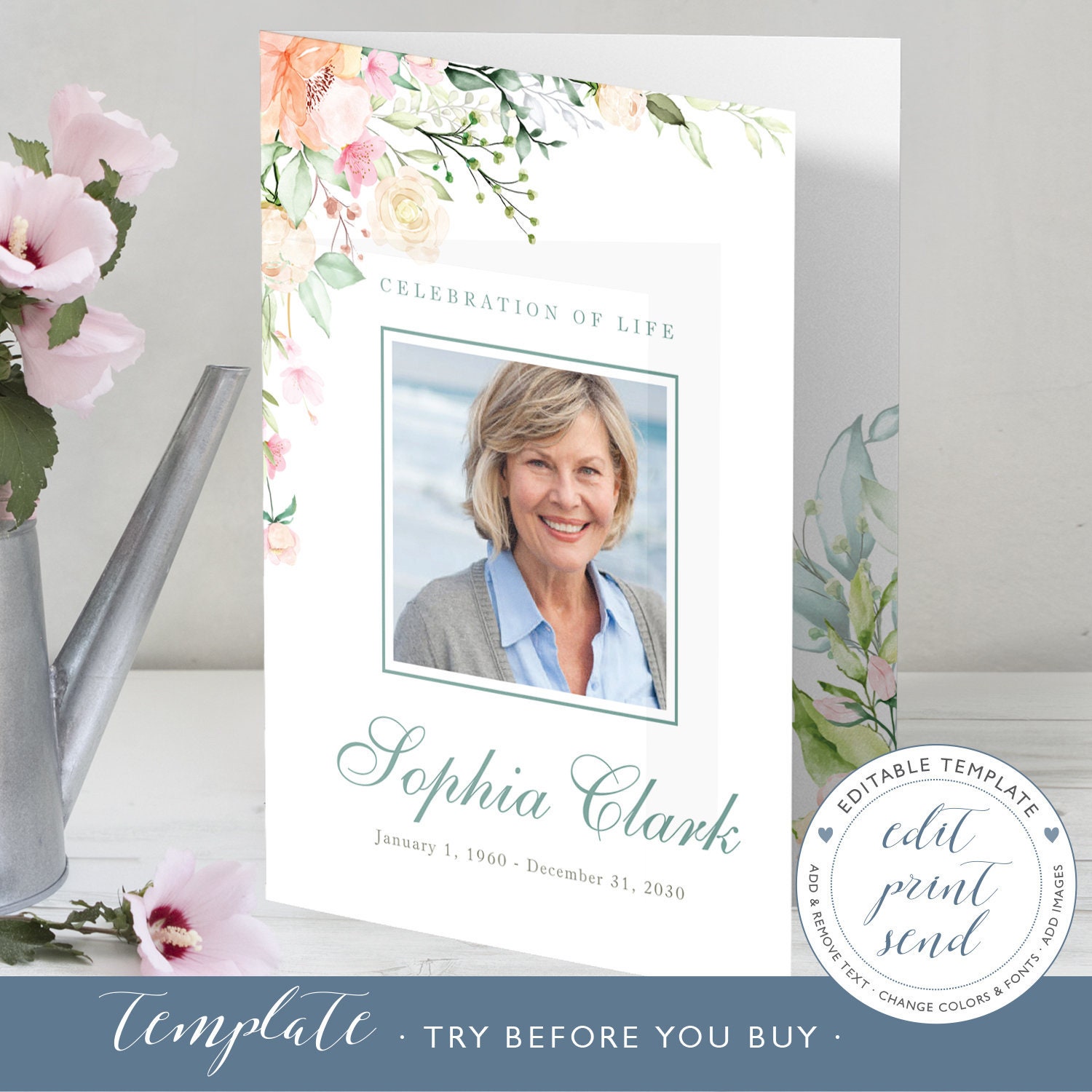 Watercolor Floral Funeral Program, Celebration of Life Floral Program ...