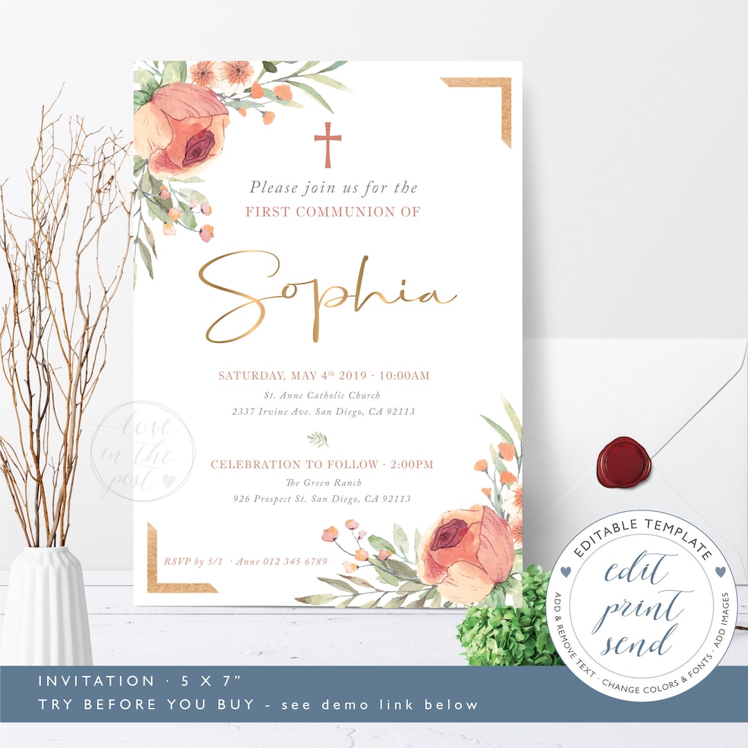 Peach Gold Elegant Communion Invite for Girl, Holy Communion Invitation ...