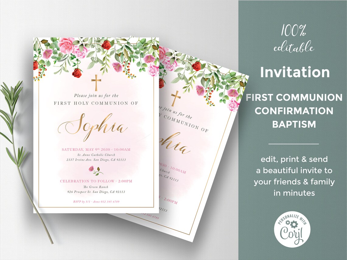 Pink roses and gold Communion Welcome Sign First Holy | Etsy