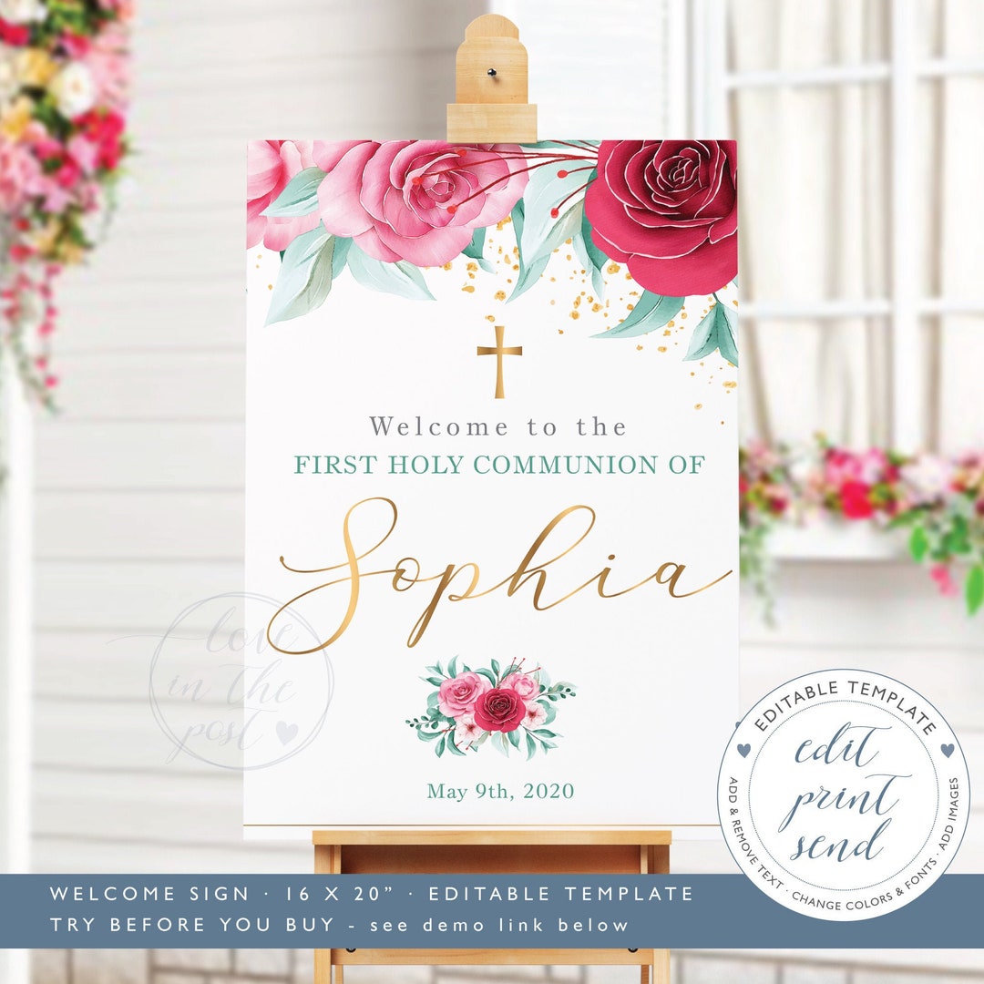 Rose Gold First Communion Welcome Sign Template, Welcome Poster, Floral ...