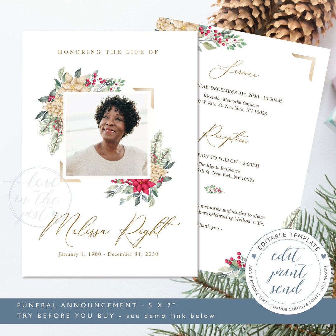 Christmas Funeral Announcement Template, Celebration of Life, Memorial ...