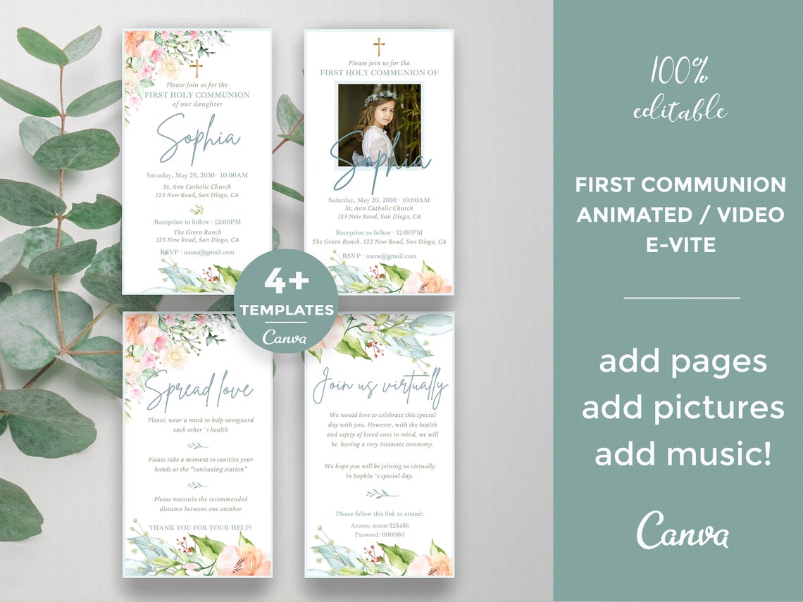 Digital First Communion invitation template animated | Etsy