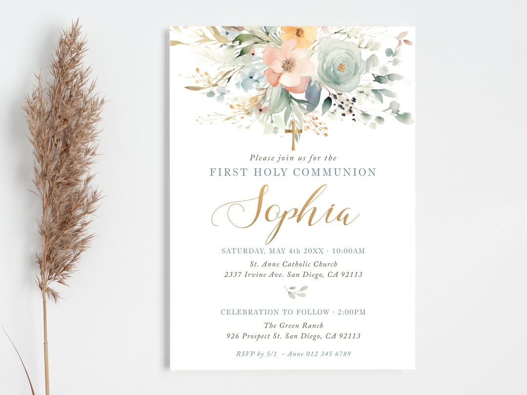 Soft Pastel Colors First Communion Invitation for Girl, Holy Communion ...