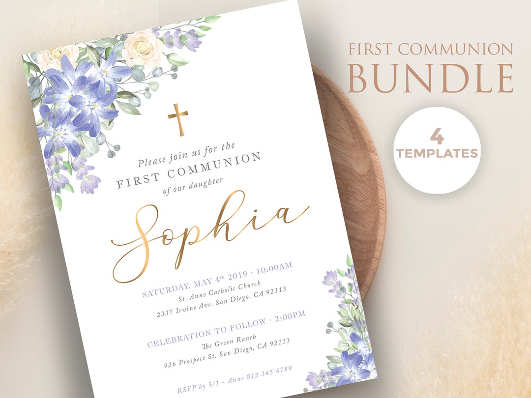 Editable First Communion Template Set for Girl, Lavender Holy Communion ...