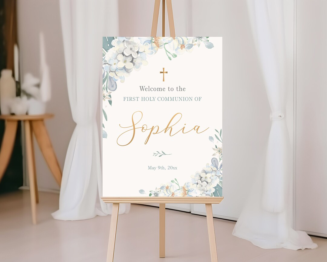 Welcome Sign Template, First Holy Communion Welcome Poster, Teal Floral ...