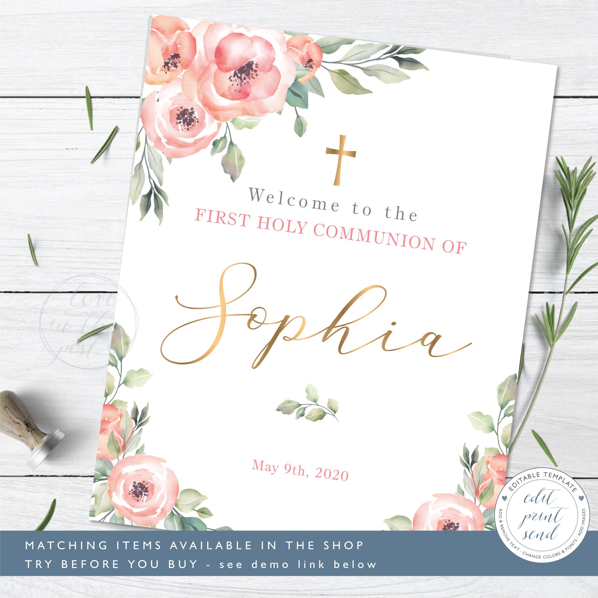Pink Floral Communion Welcome Sign First Communion Welcome - Etsy
