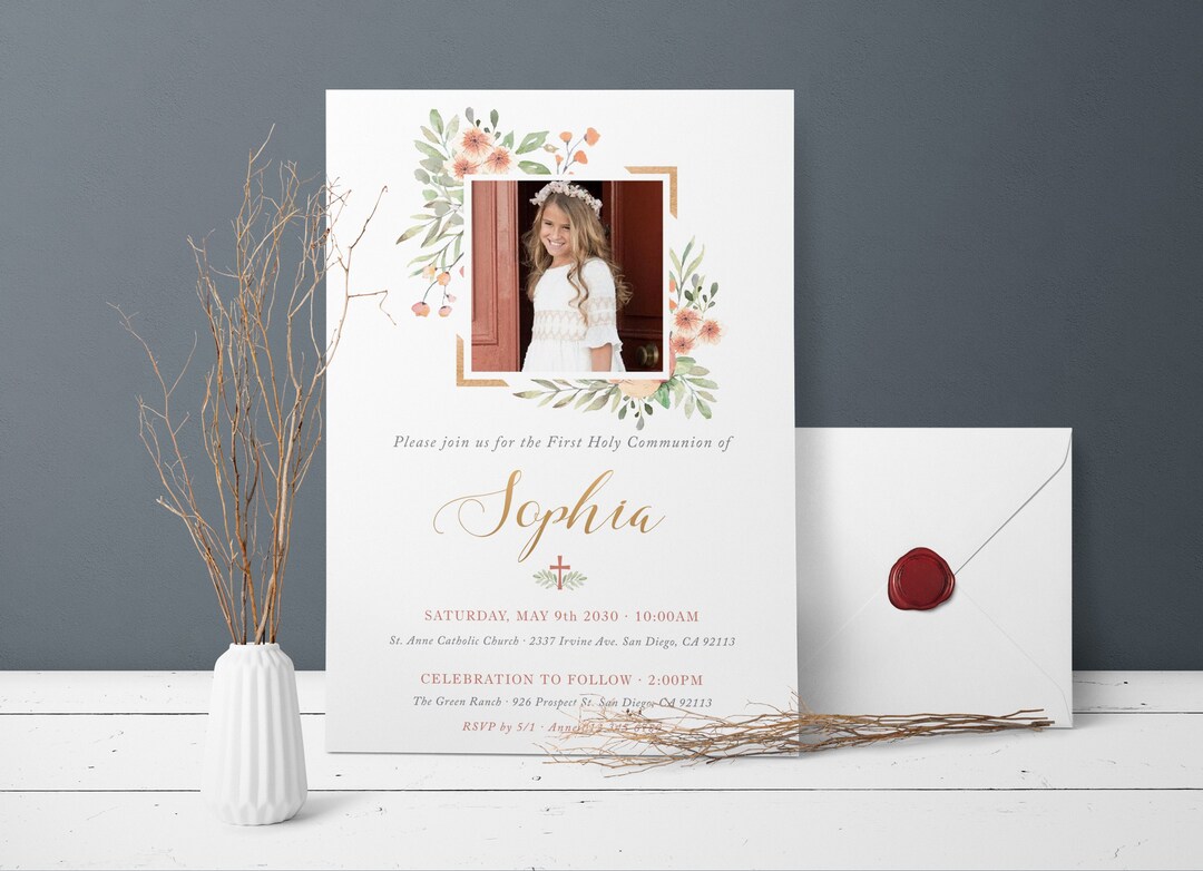 Terracotta First Communion Invitation With Photo, Girl First Holy ...