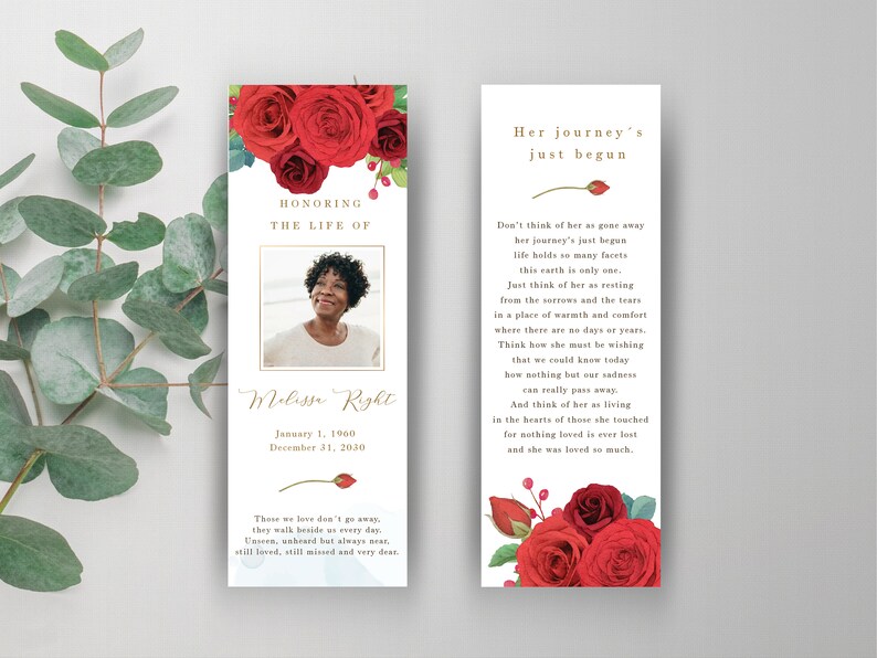 Memorial Keepsake With Red Roses Celebration of Life Floral - Etsy