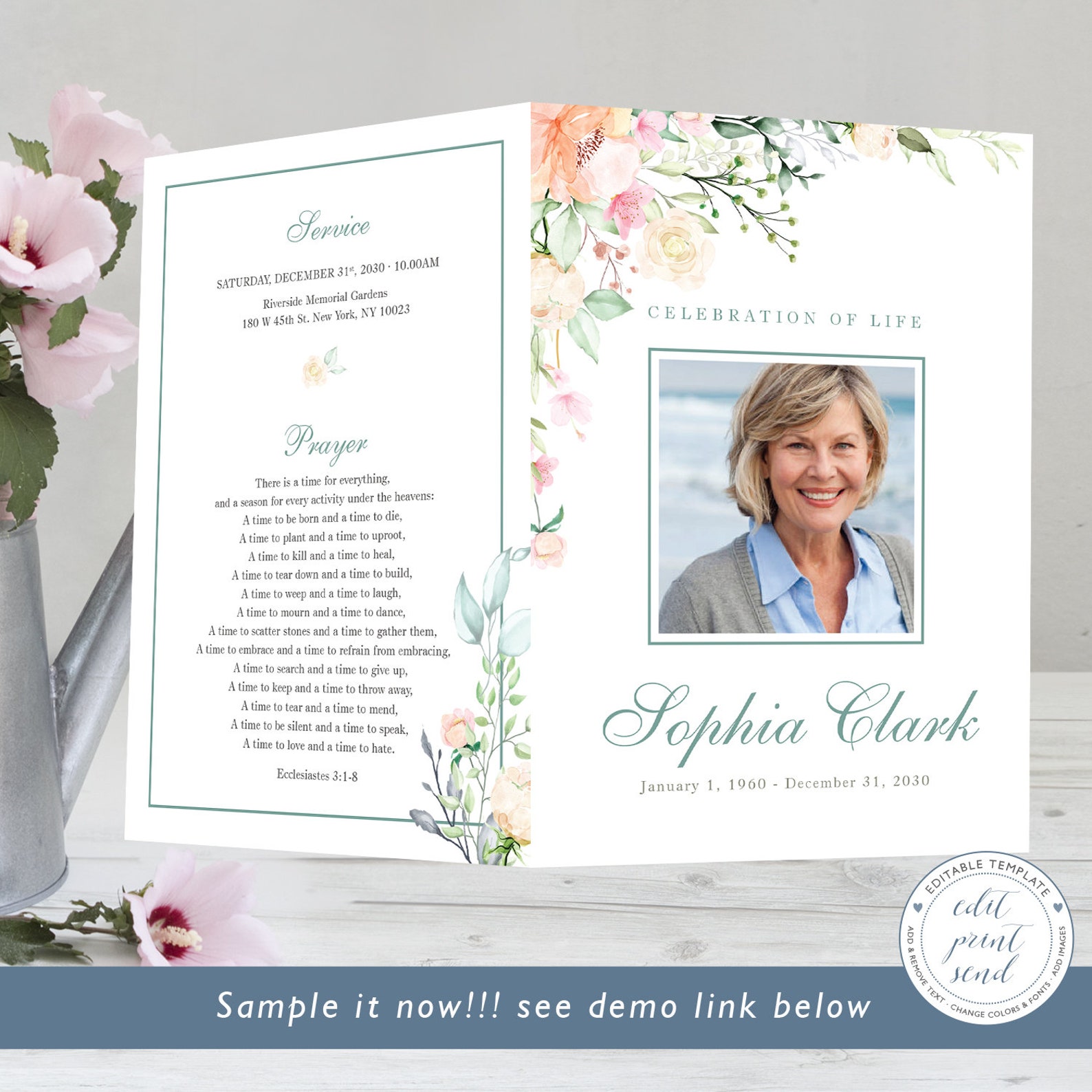 Watercolor Floral Funeral Program, Celebration of Life Floral Program ...