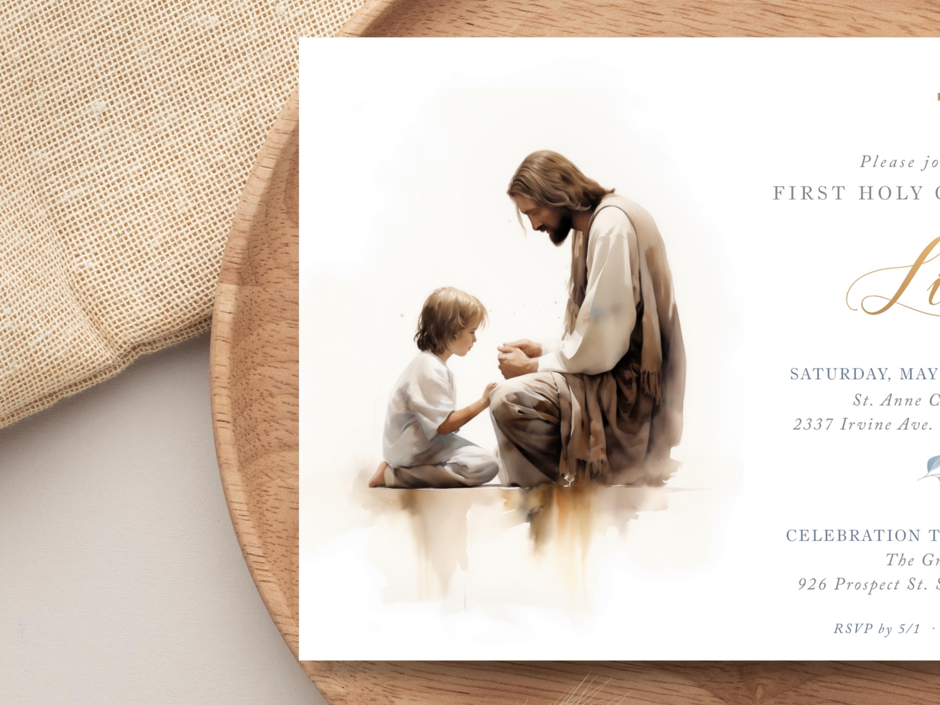 Boy First Holy Communion Invitation, Jesus Christ and Boy Illustration ...