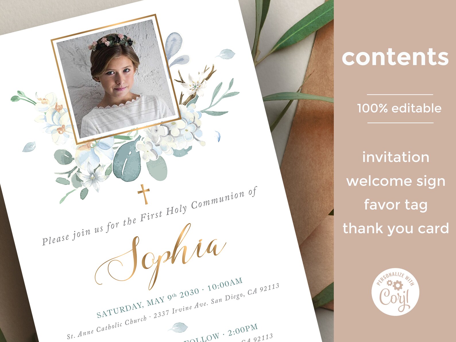 Photo First Holy Communion Templates Set for Girl, Communion Invitation ...