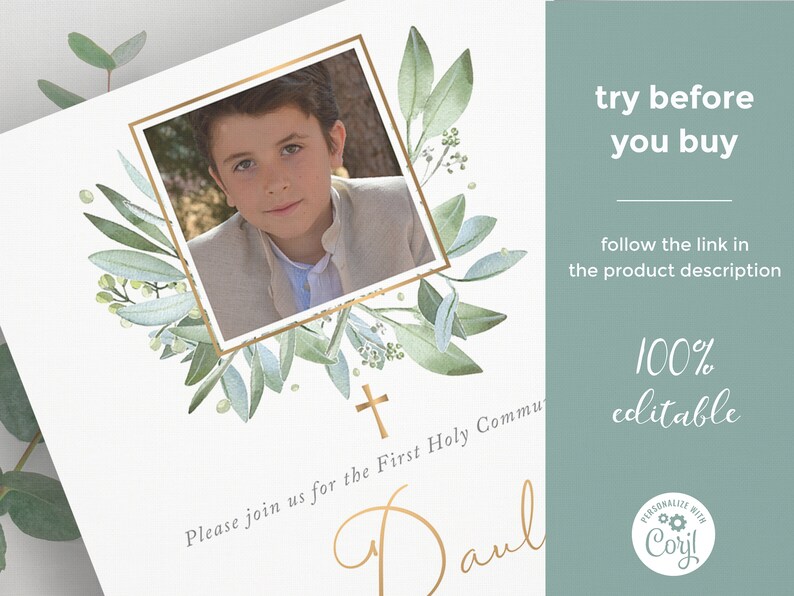 Boy First Communion Photo Invitation With Olive Branches Holy - Etsy