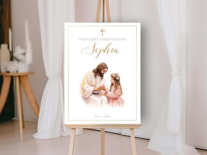 Jesus With a First Holy Communion Welcome Sign TEMPLATE, Editable ...