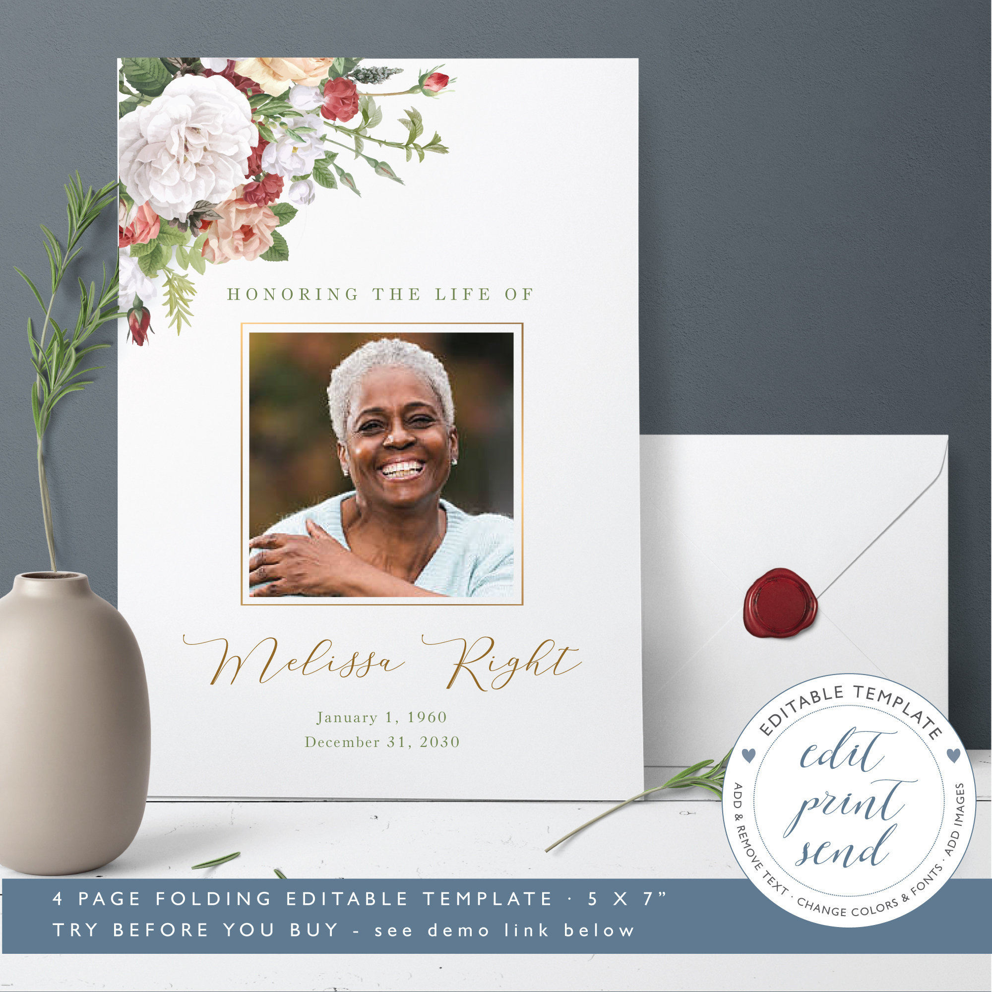 Roses Funeral Program Template Celebration of life floral | Etsy
