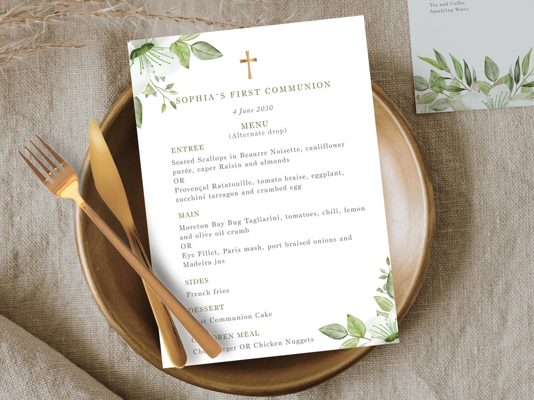 Greenery First Communion Menu Template for Girl, Editable Table ...