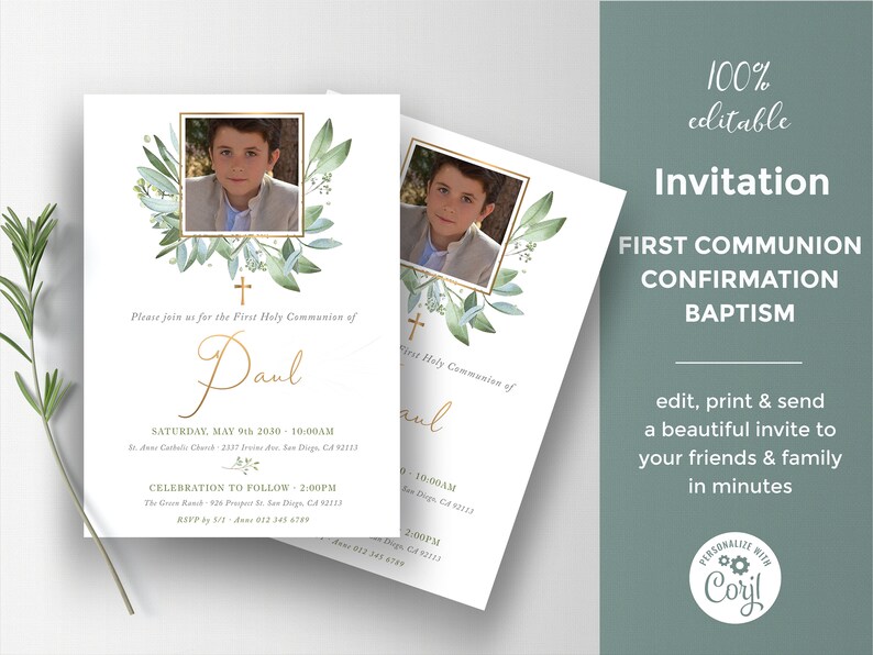 Boy First Communion Photo Invitation With Olive Branches Holy | Etsy