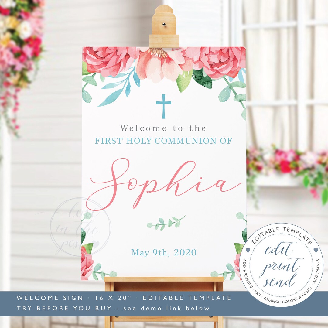 First Communion Welcome Sign Template, Welcome Poster, Pastel Floral ...
