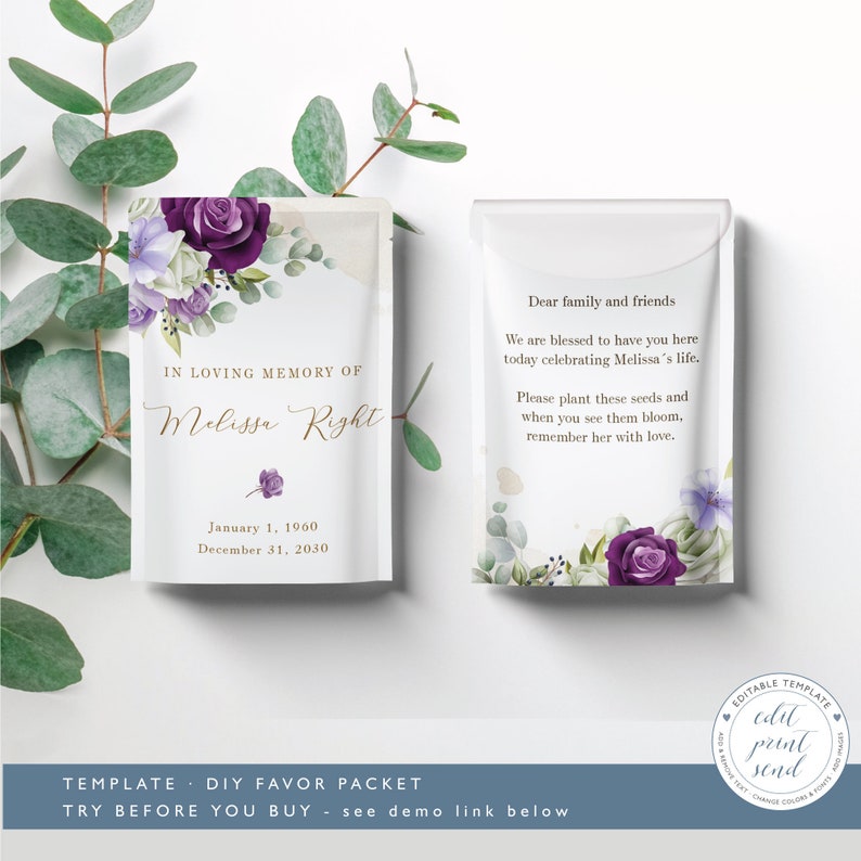 Purple Roses Seed Packet for Funeral Memorial Seeds Favor - Etsy