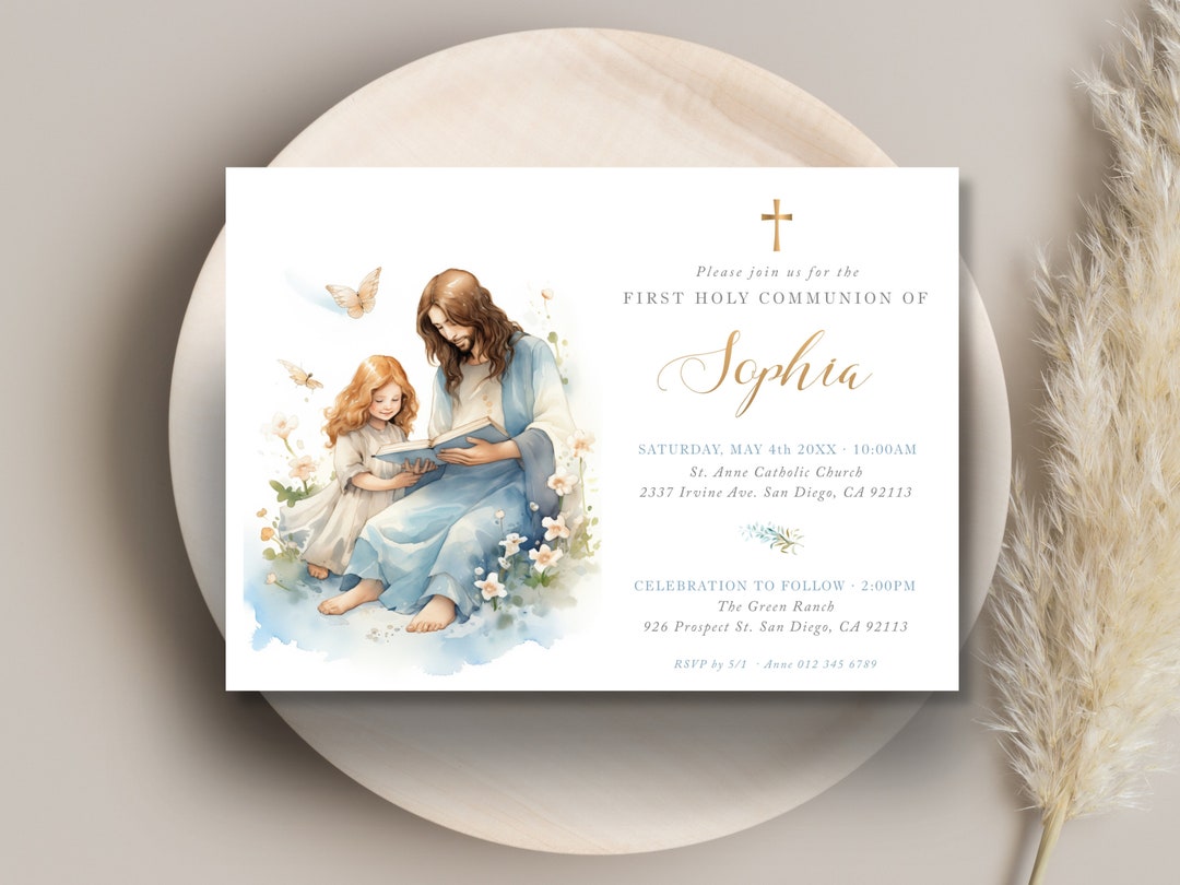 Jesus and a First Holy Communion Girl Invitation, EDITABLE TEMPLATE ...