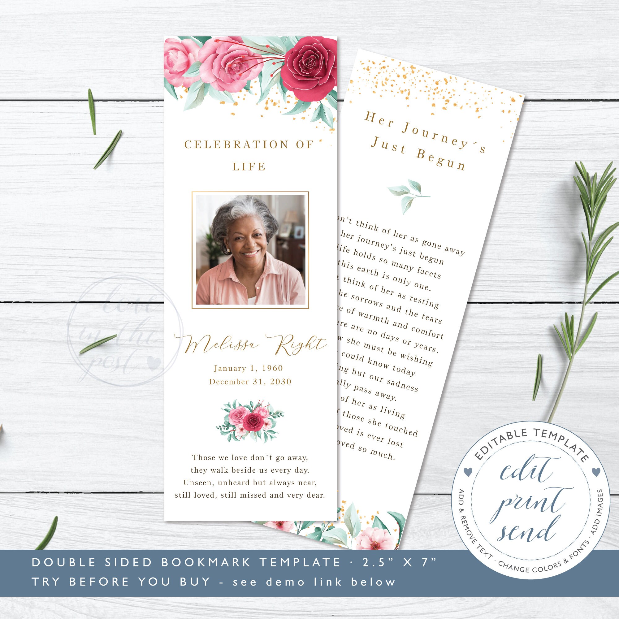 Gold rose Memorial Card for Remembrance Celebration of life | Etsy