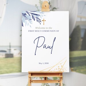 Blue Leaves Communion Welcome Sign for Boy, First Holy Communion ...