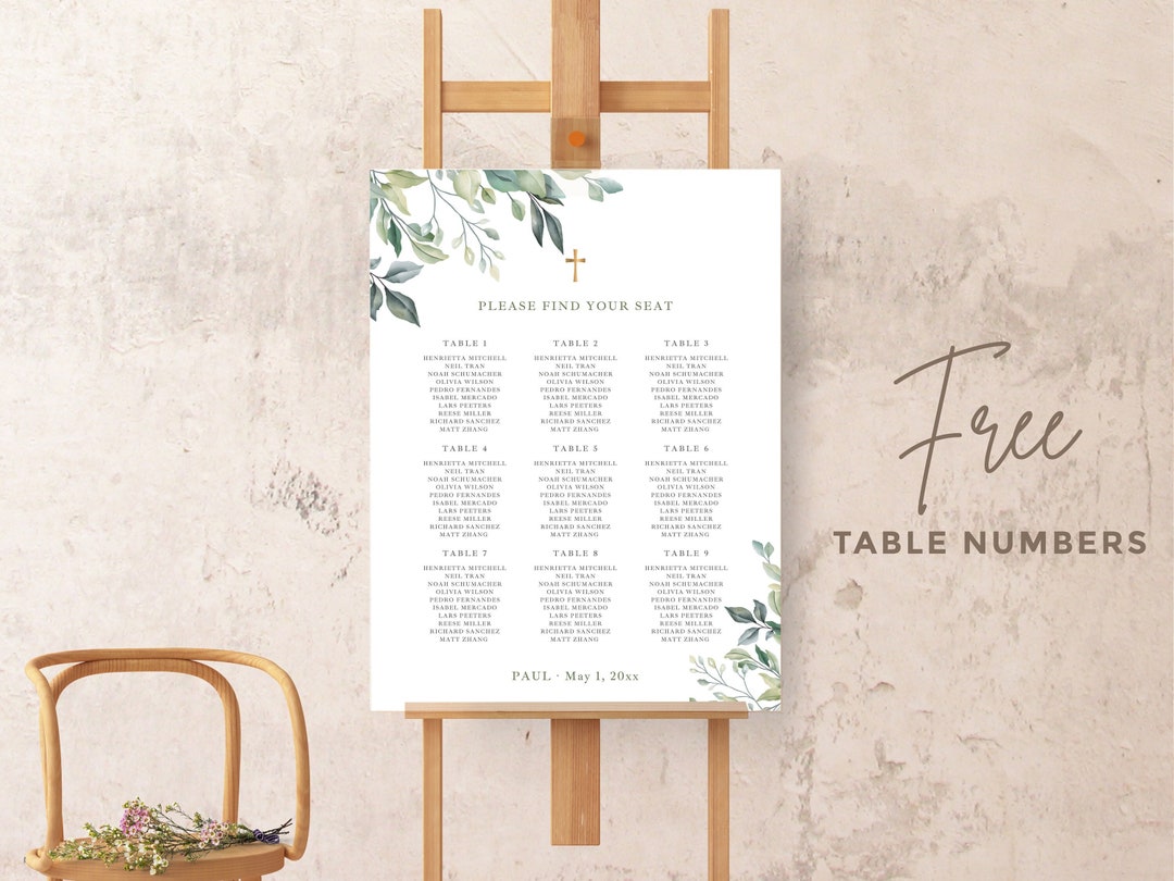 Greenery First Holy Communion Seating Chart Template, Editable Seat ...