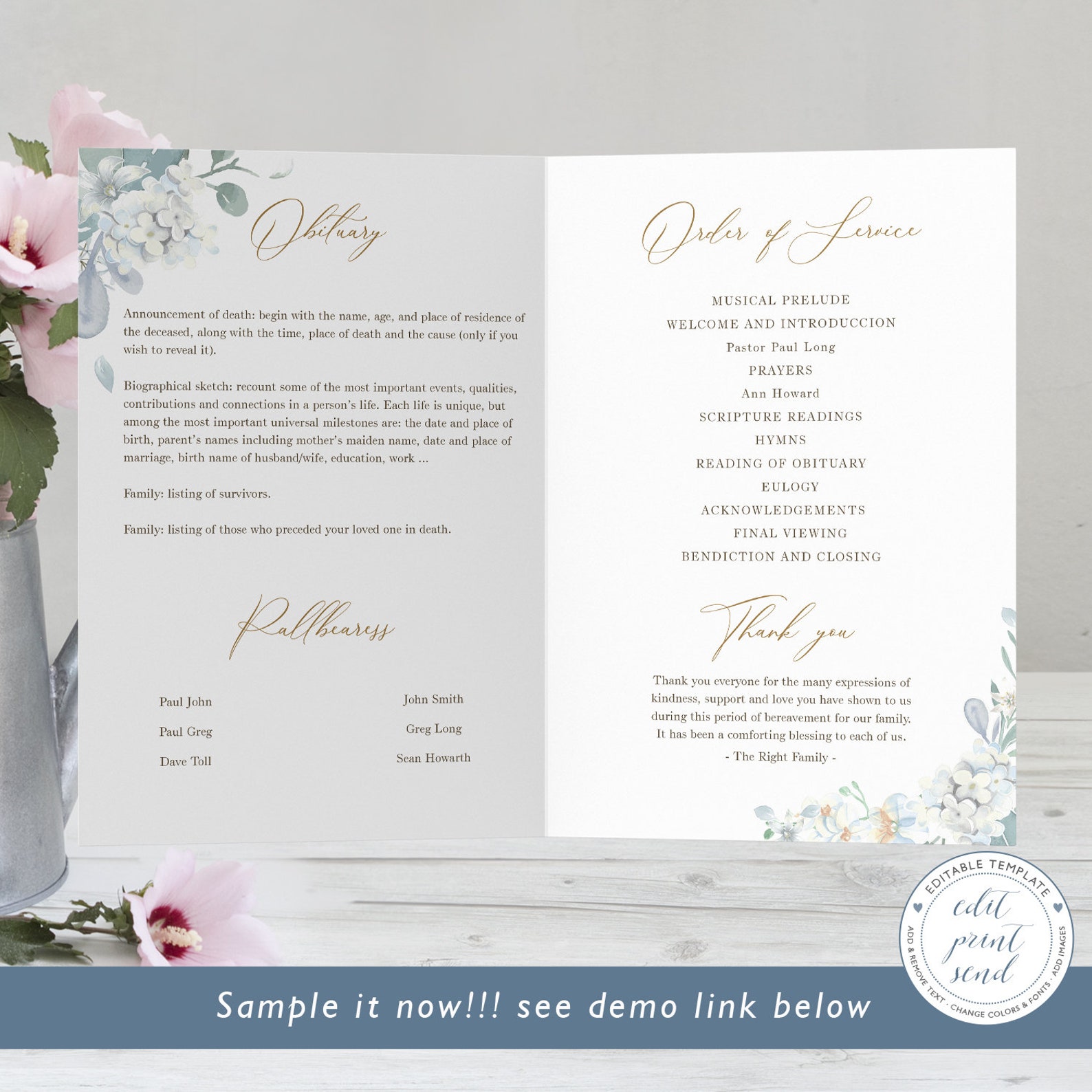 Elegant Funeral Program Template, Celebration of Life Floral Program ...