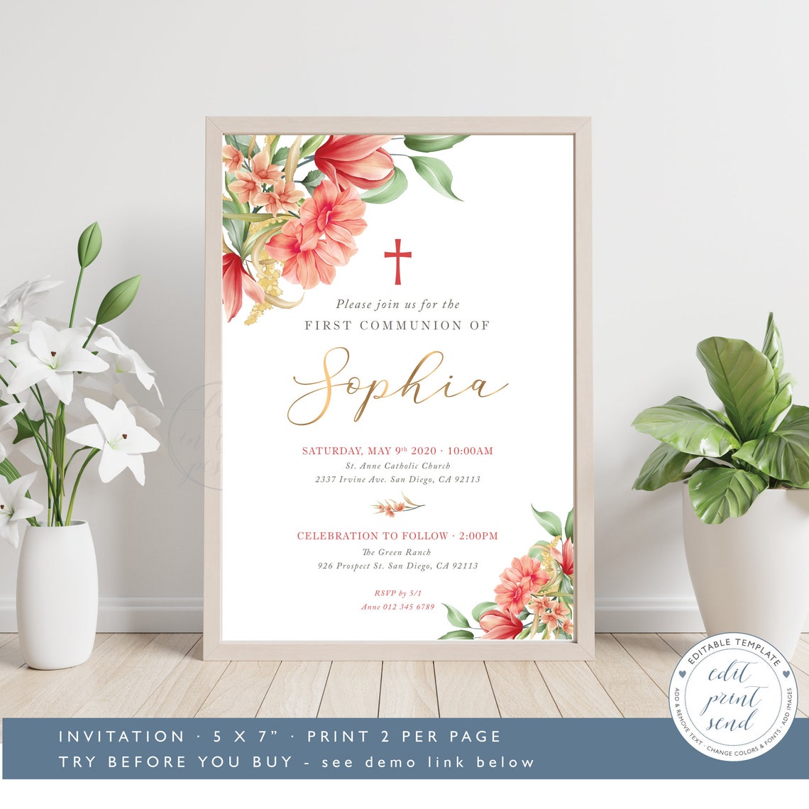 Floral first communion template for girl Holy communion | Etsy