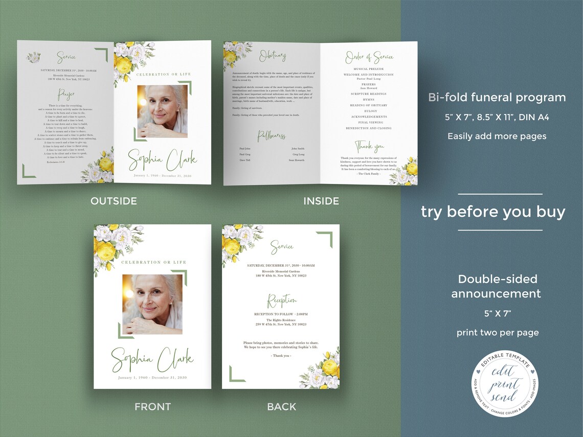 Yellow Roses Funeral Template Bundle for Woman Memorial - Etsy