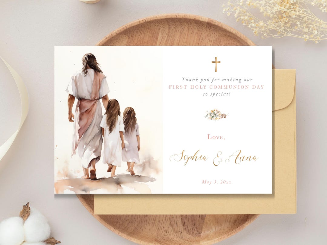 First Holy Communion Thank You Card With Twin Girls With Jesus ...