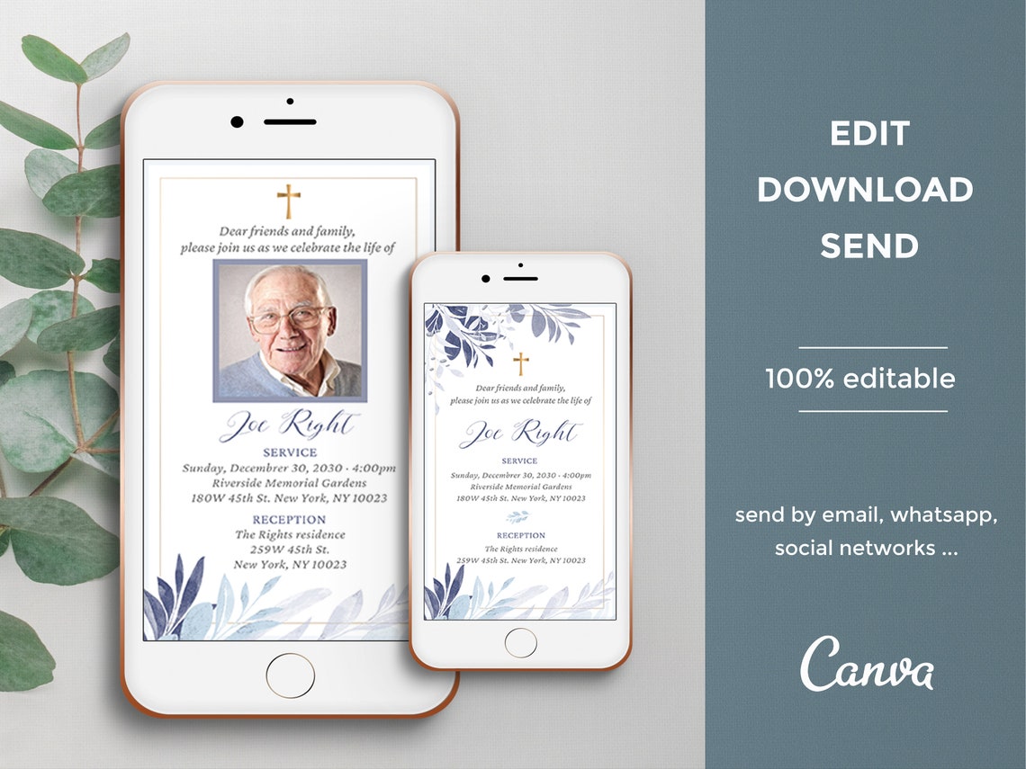 Electronic Funeral Invitation Templates for Man Blue Leaves - Etsy